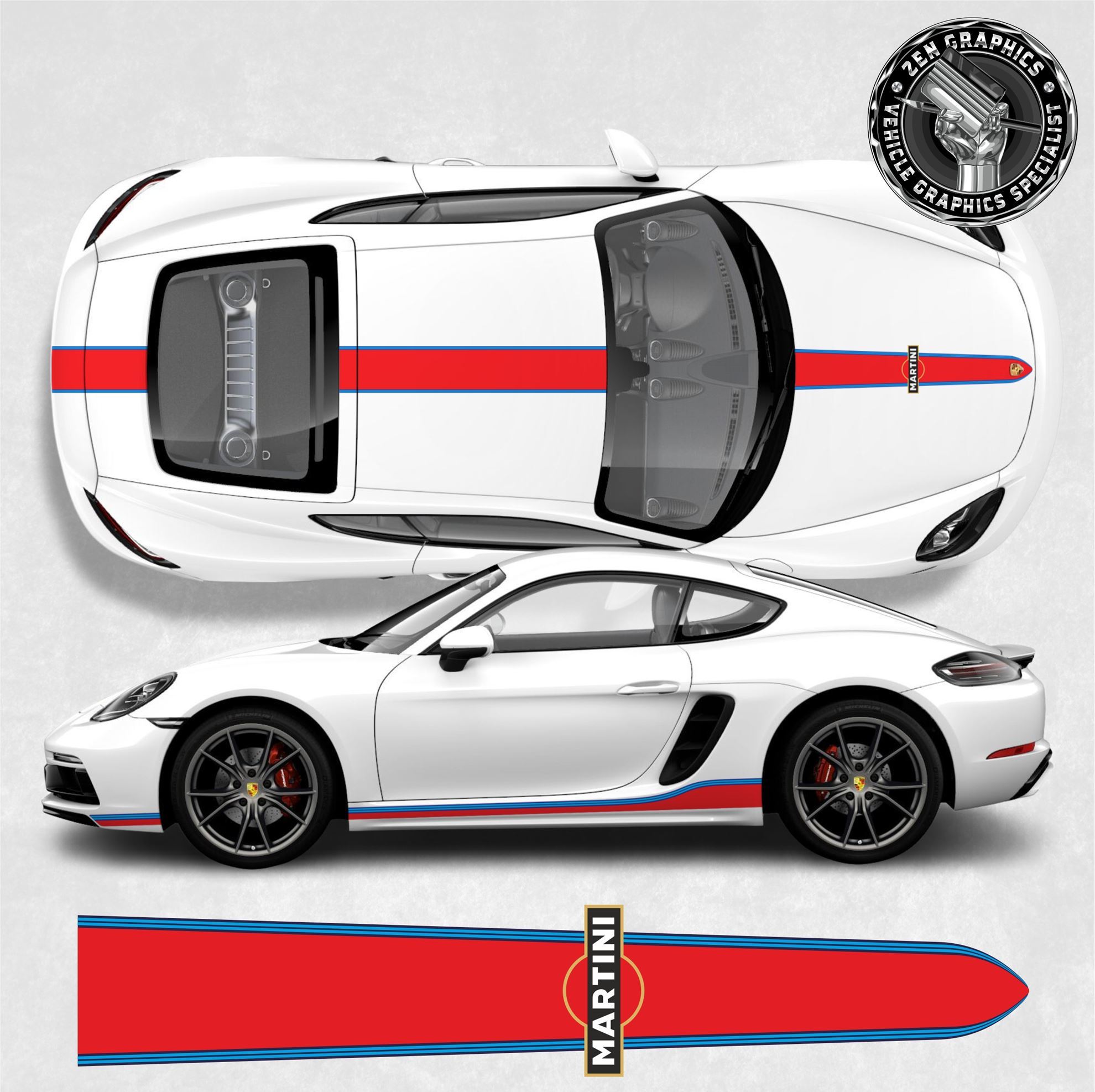 Zen Graphics - 718 Cayman / Boxster Martini side & over the top Stripes