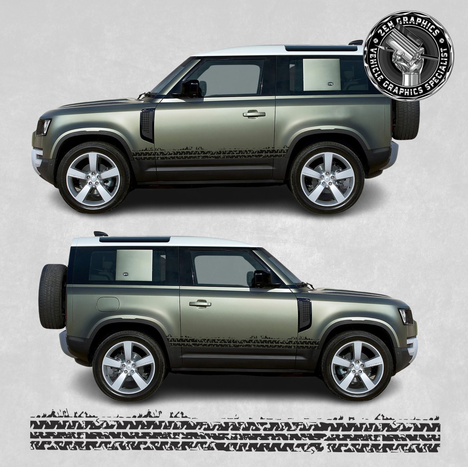 Zen Graphics - Defender 90 (new shape) side Mud Track Graphics / Stickers